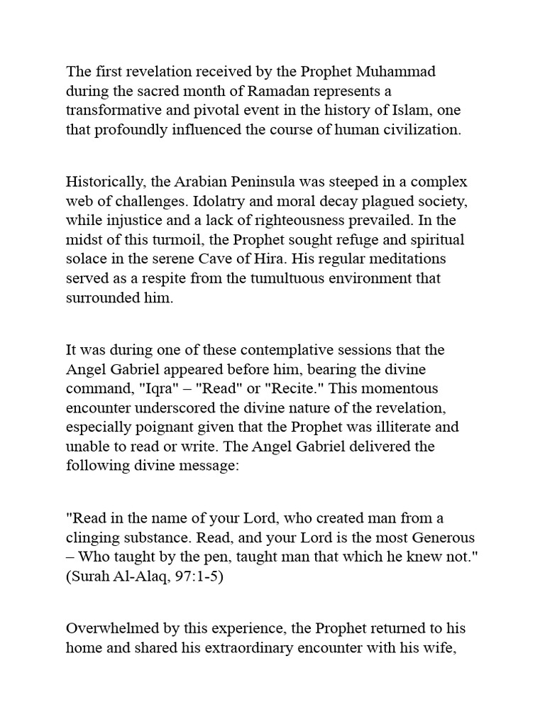 The First Revelation Received by The Prophet Muhammad During The Sacred ...