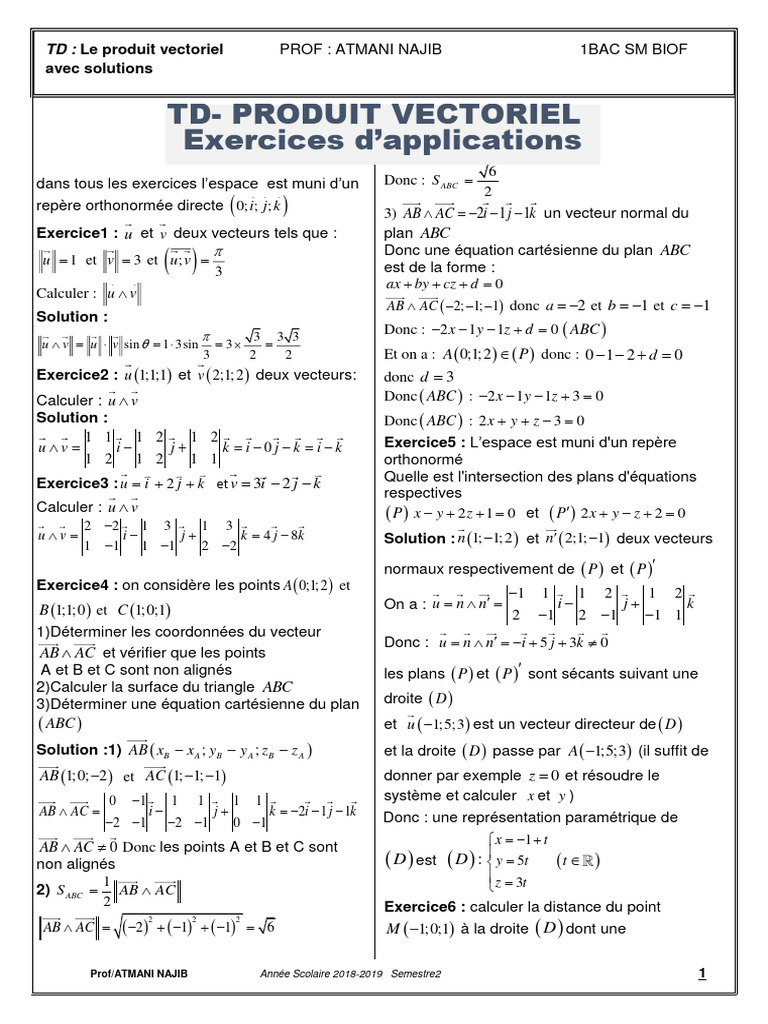 Le Produit Vectoriel Corrige Serie D Exercices 1 | PDF | Coordonnées ...