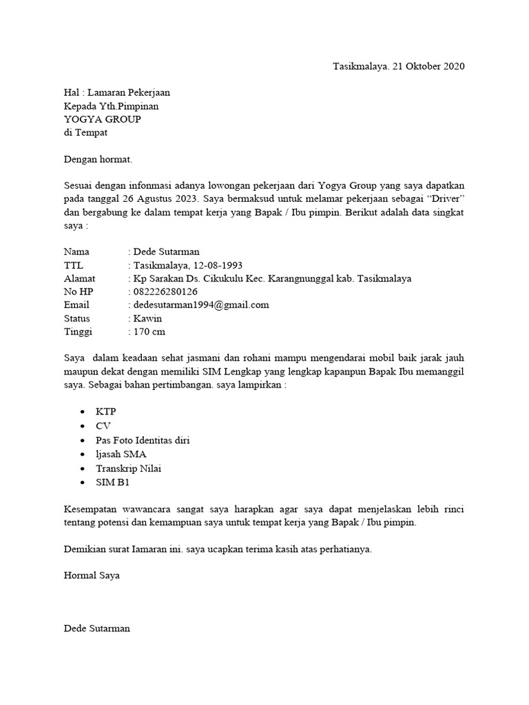 6 - Contoh Surat Lamaran Kerja Sopir Driver Perusahaan | PDF
