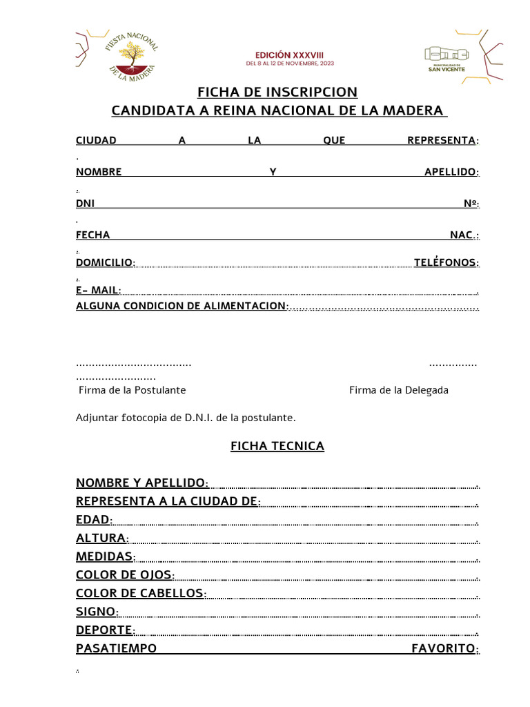 Ficha de Inscripcion Candidata A Reina Nacional | PDF Ficha de Inscripcion Candidata A Reina Nacional | PDF