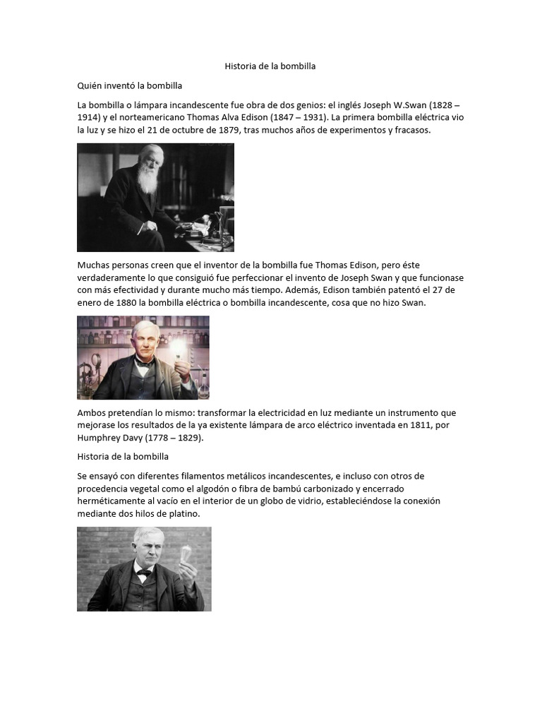 Historia y creadores de la bombilla | PDF | Bombilla incandescente ...