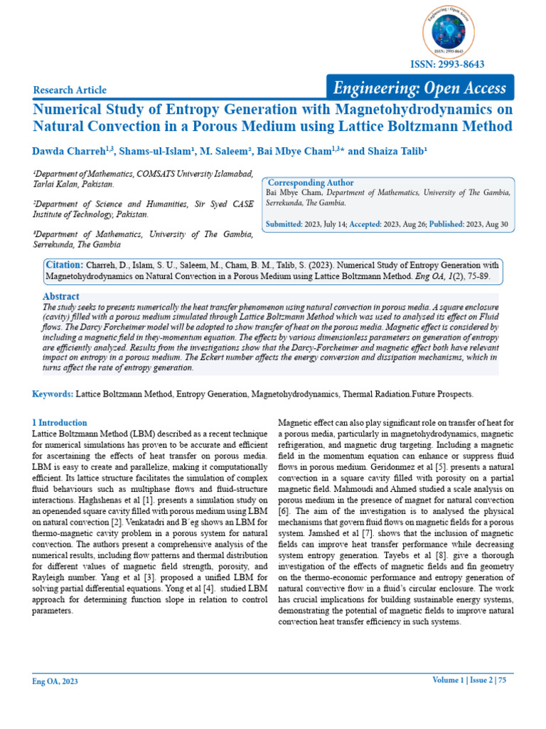 Numerical Study of Entropy Generation With Magnetohydrodynamics On ... Numerical Study of Entropy Generation With Magnetohydrodynamics On ...