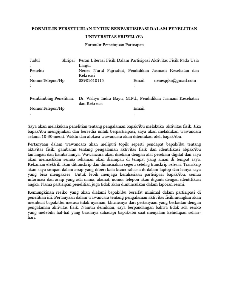 Formulir Persetujuan Untuk Partisipan | PDF