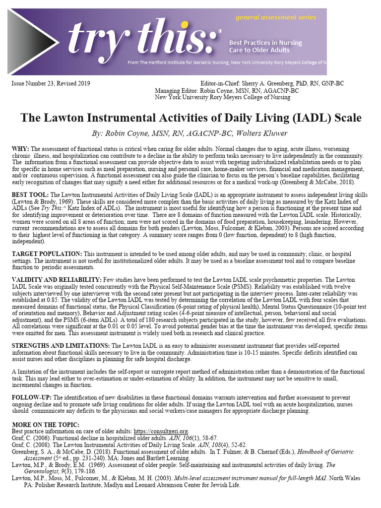 The Lawton Instrumental Activities of Daily Living (IADL) Scale | PDF | Validity (Statistics ...