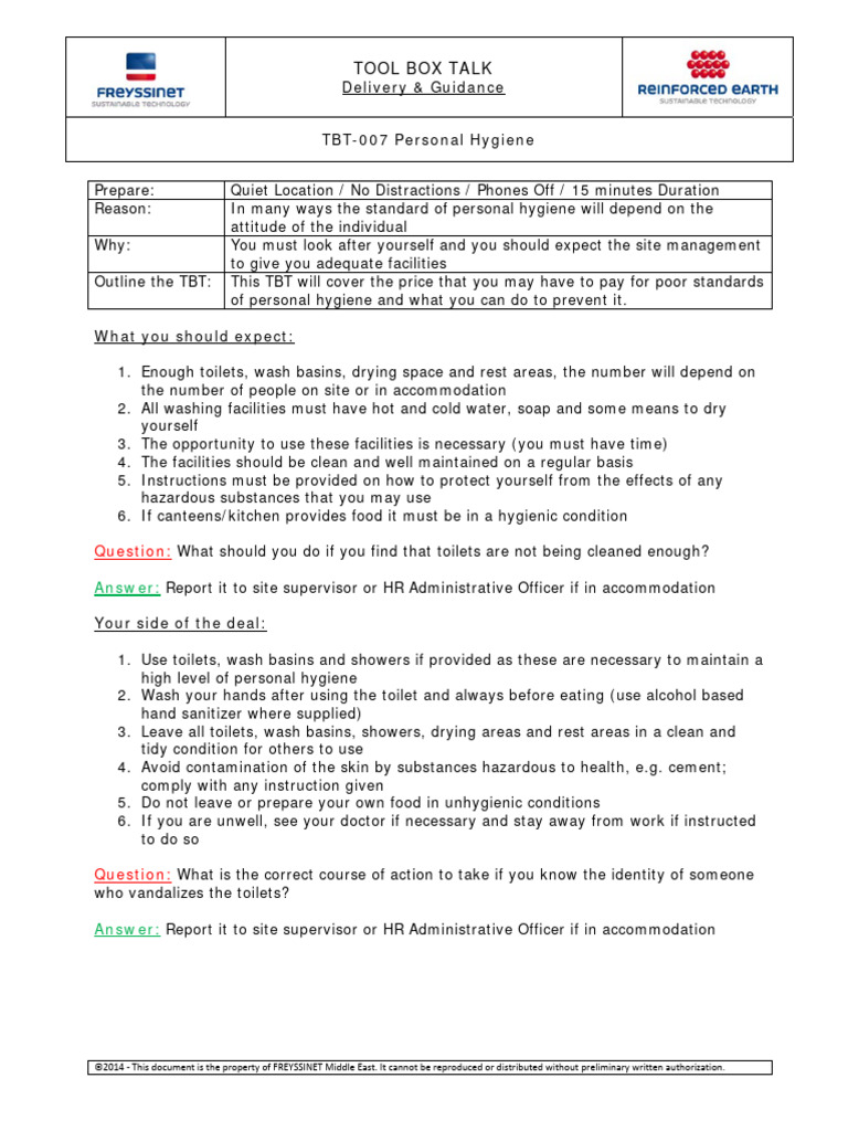Personal Hygiene Toolbox Talk Guide | PDF | Hygiene | Wash