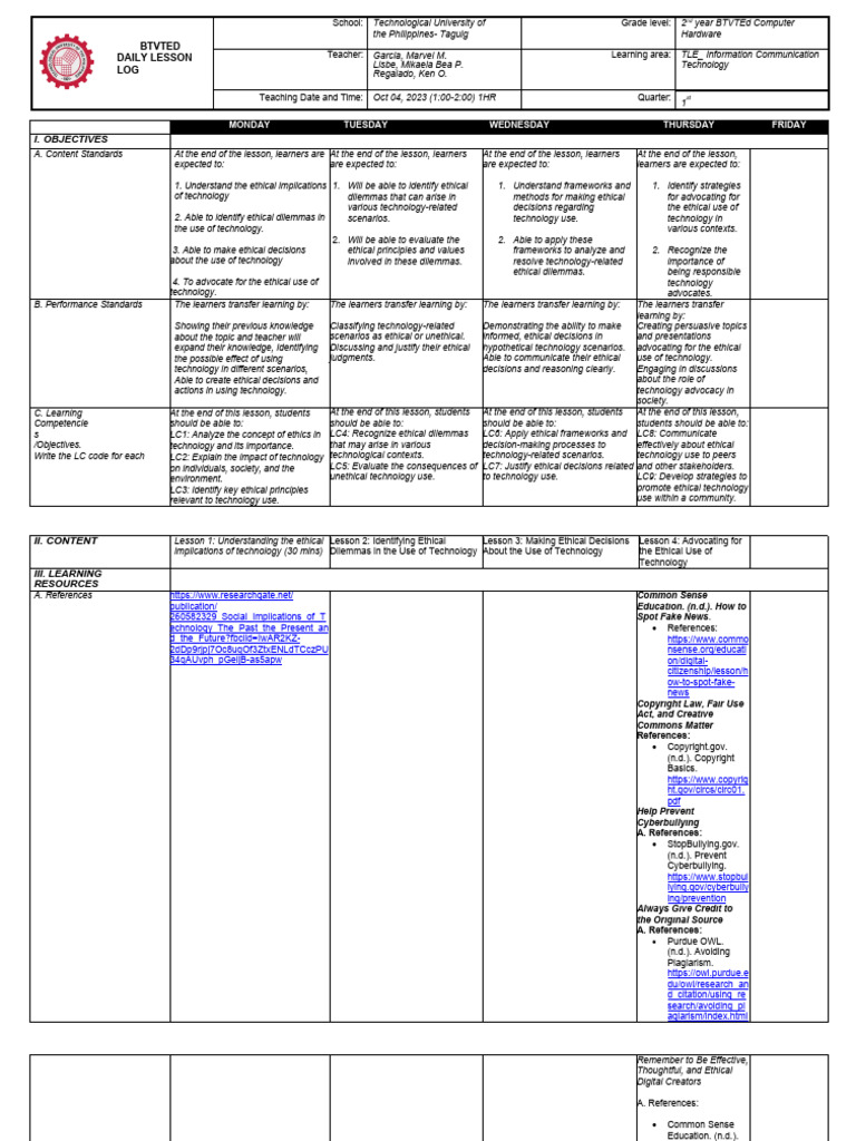 Btvted-Ethical Use of Technology-Lesson Plan | PDF | Learning | Privacy