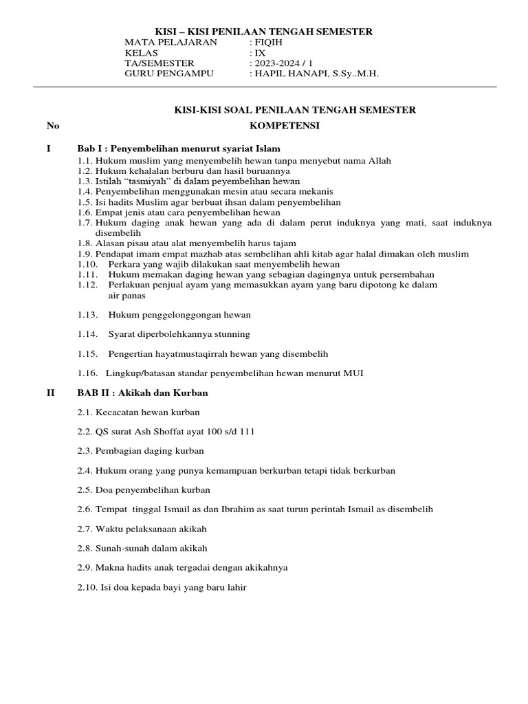 Kisi-Kisi PSTS 1 Kelas 9 TP 2023-2024 | PDF