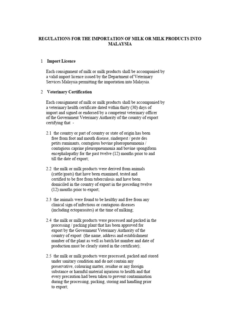 Import Regulations for Milk in Malaysia | PDF | Milk | Veterinary Medicine