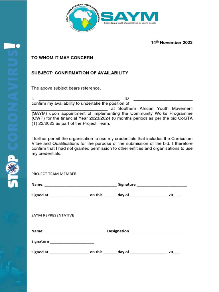 Confirmation of Availability Letter | PDF