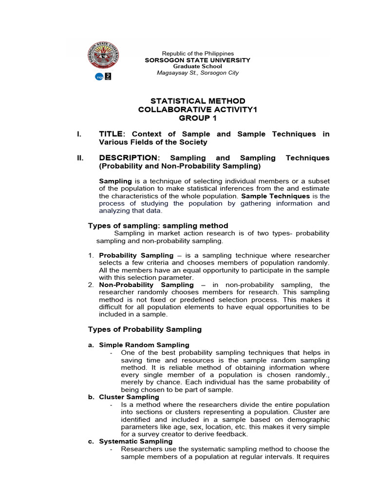 GROUP 1 OUTPUT Sampling Techniques Probability and Non Probability ...