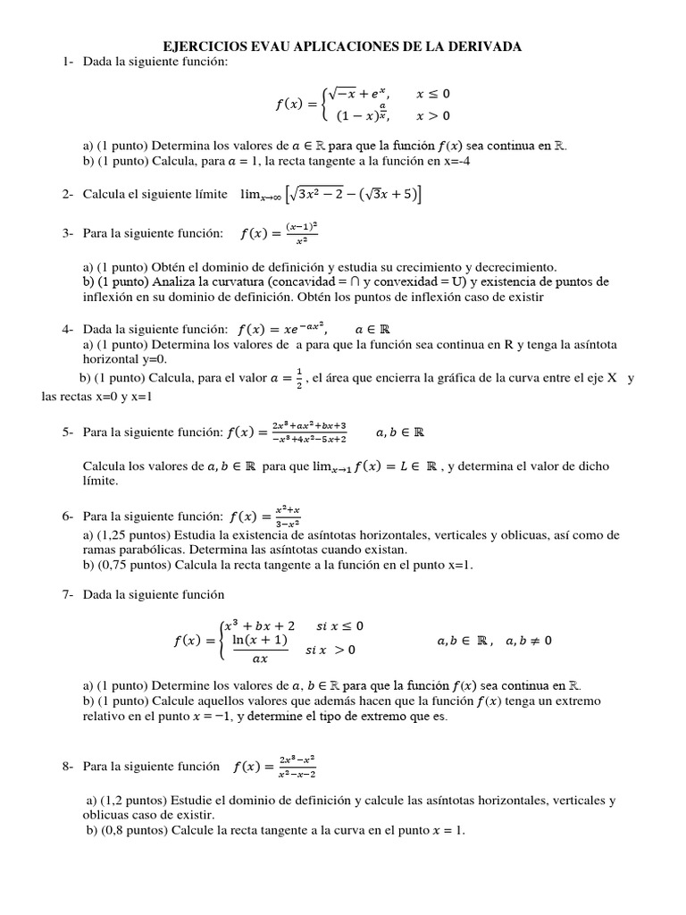 Ejercicios Evau Aplicaciones de La Derivada | PDF | Asíntota | Derivado