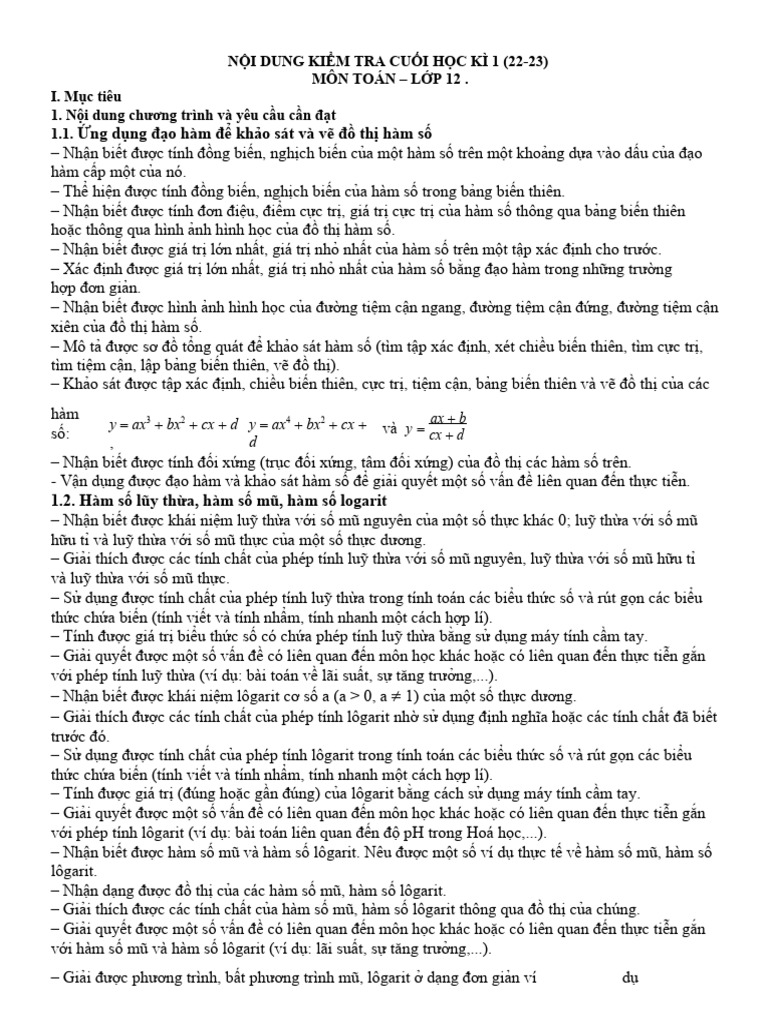 Toan 12 Noi Dunng On Tap Kiem Tra Cuoi Ki 1 22 23 | PDF