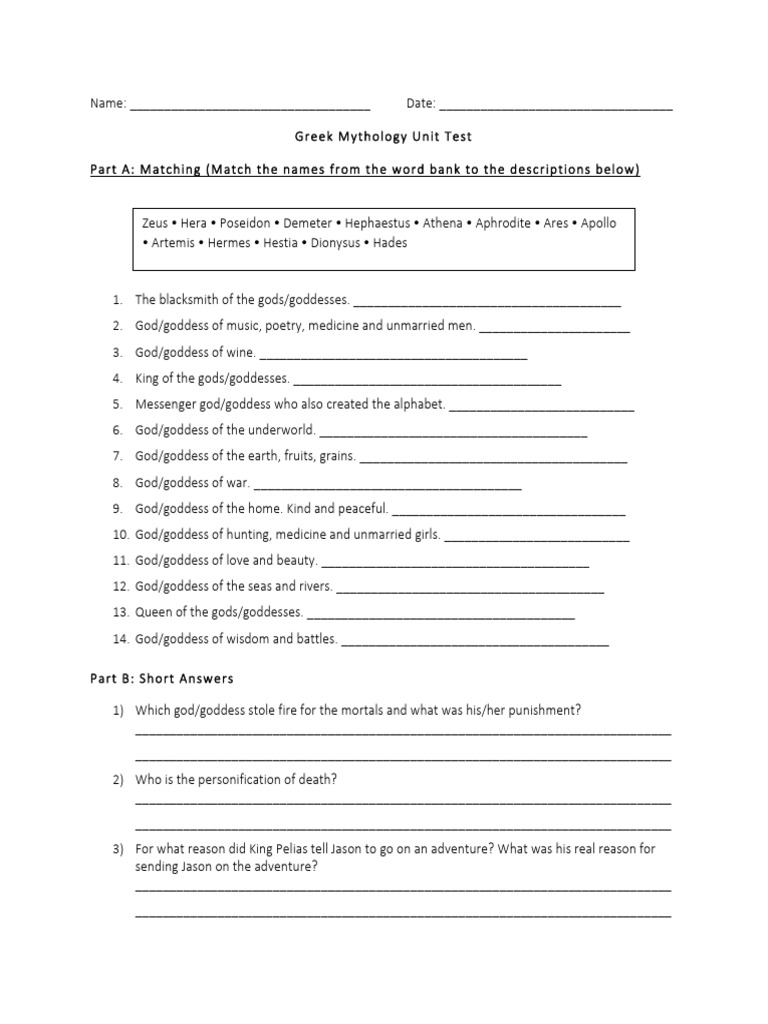 Greek Mythology Unit Test | PDF | Hades | Deities