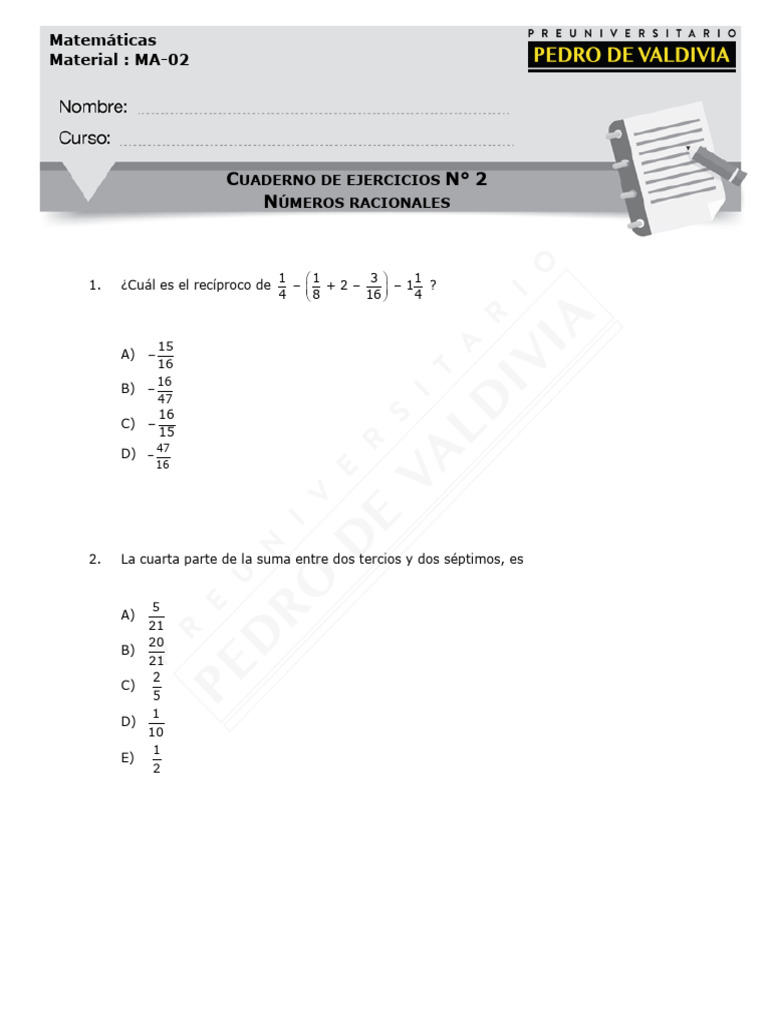 MA02 - Números Racionales | PDF | Número racional | Notación Matemática