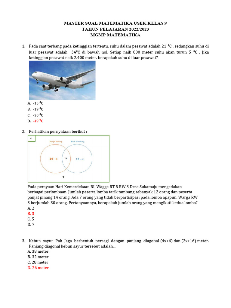 Soal Usek Mat Kelas 9 2022 2023 | PDF