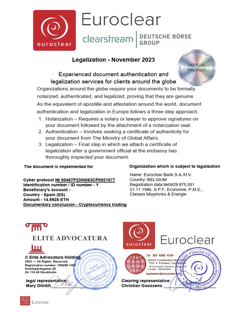 Elena Safonova - Euroclear Legalization Nov 2023 | PDF | European Union | Justice
