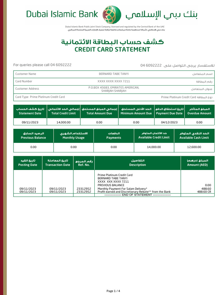 Credit Card Statement: For queries please call 04 6092222 04 6092222 ...