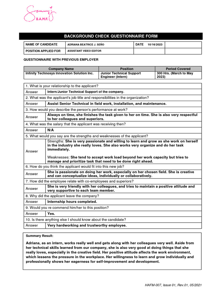 Background Check Questionnaire Form | PDF | Background Check | Employment