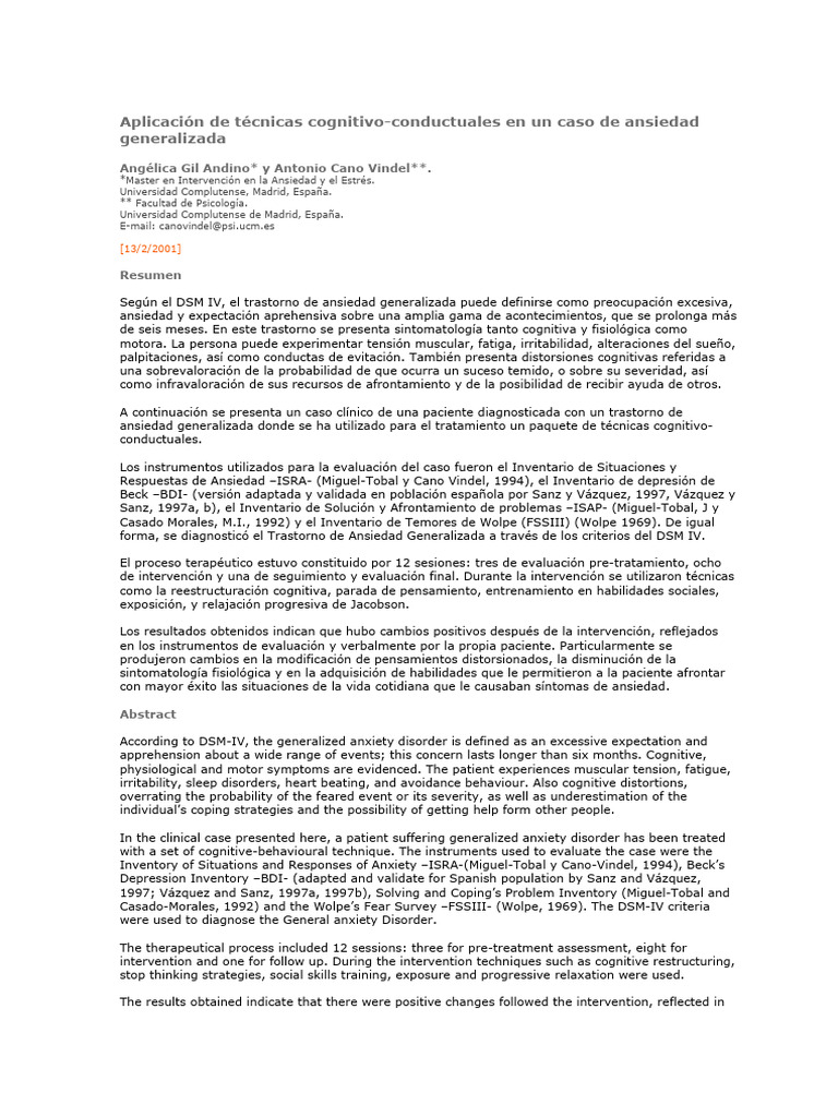 Art. Aplicacion de Tecnicas Cognitivo-Conductuales en Un Caso de ...