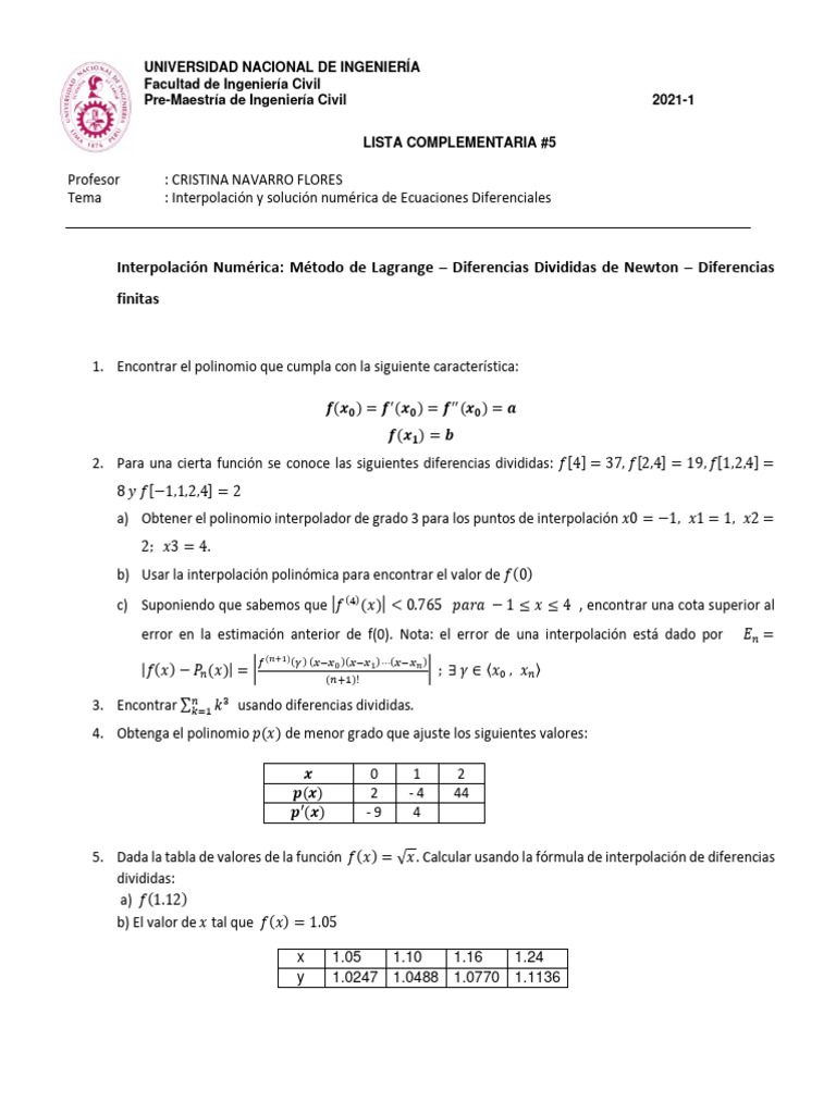 Ejercicios Complementarios #5 - Interpolación y Solución Numérica de Ecuaciones Diferenciales ...