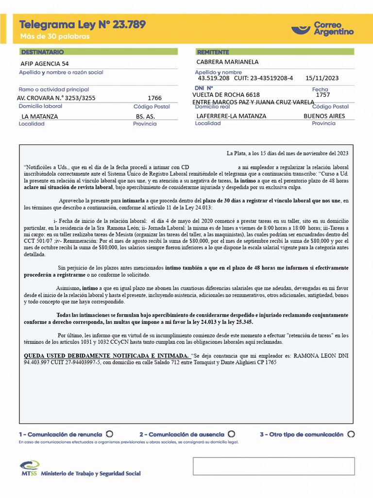 Telegrama AFIP | PDF | Salario | Labor