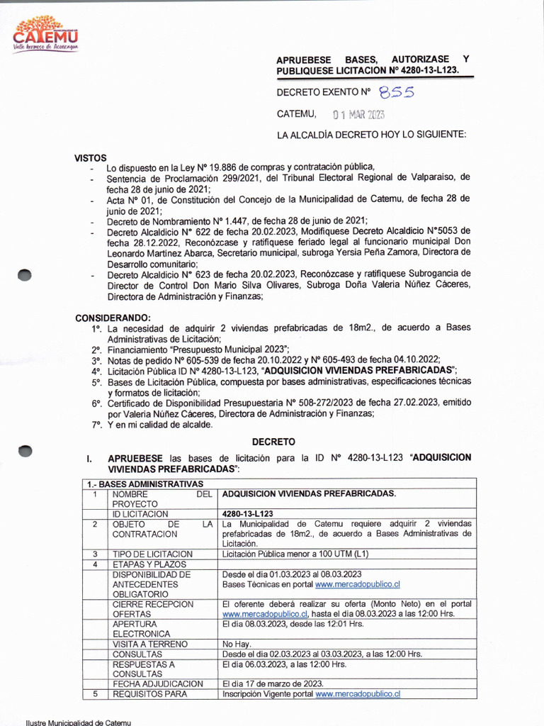 Decreto Exento N°855 Aprueba Bases 4280-13-L123 Viviendas Prefabr | PDF