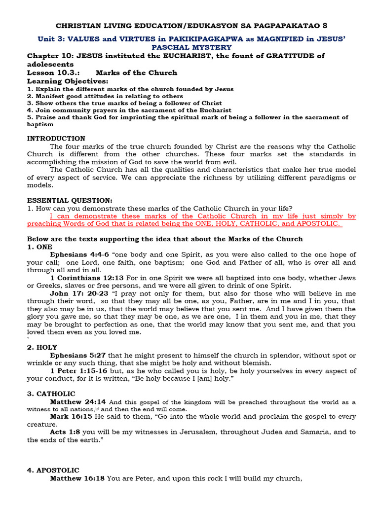 CHRISTIAN LIVING EDUCATION 8 Marks of The Church Lesson 3 | PDF ...
