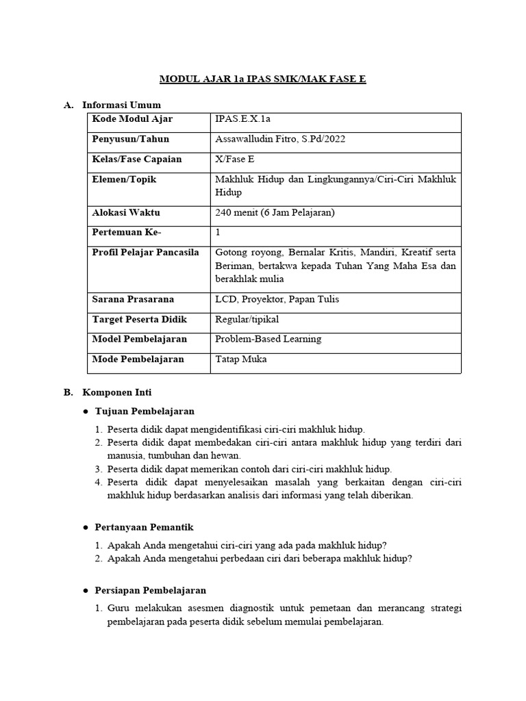 Modul Ajar - Proyek IPAS FASE E Bab 1 - 2223 | PDF | Karier ...
