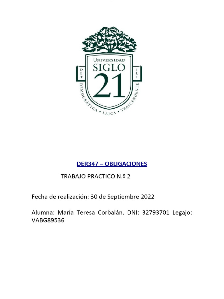 TP 2 OBLIGACIONES MTC | PDF | Pagos | Daños y perjuicios