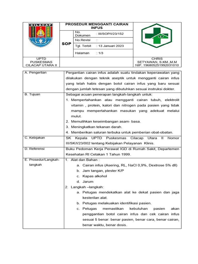 Prosedur Ganti Cairan Infus Pasien | PDF