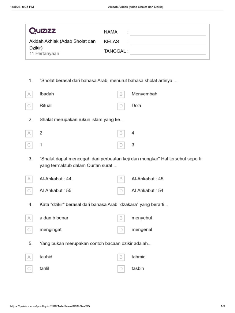 Akidah Akhlak (Adab Sholat Dan Dzikir) | PDF