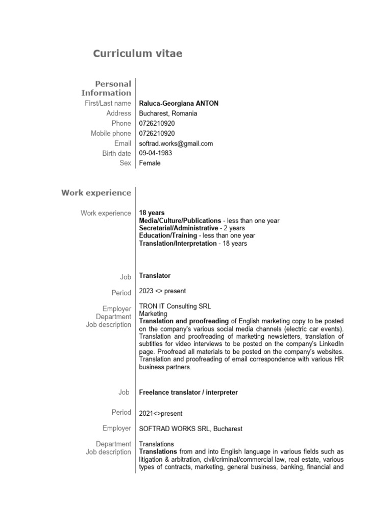 CV Raluca Anton - en | PDF | Employment | Language Interpretation