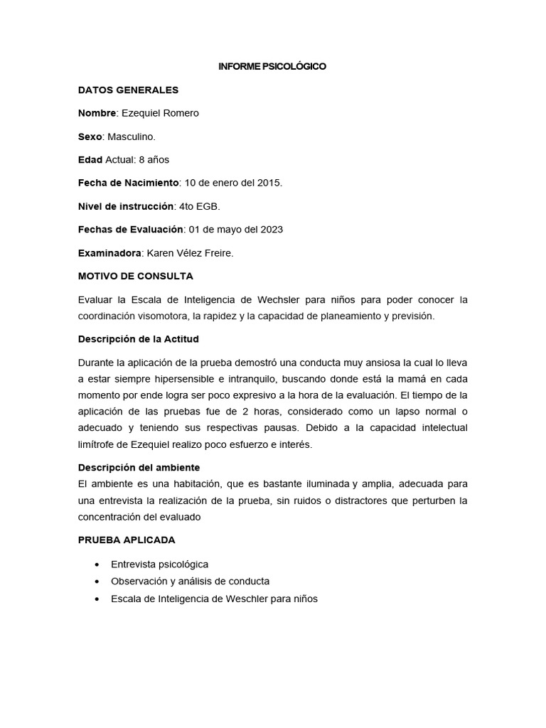 INFORME PSICOLÓGICO WISC | PDF | Memoria | Aprendizaje