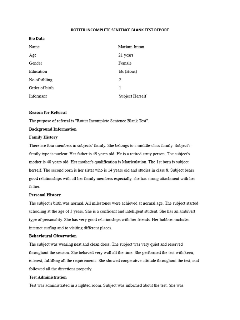 Rotter Incomplete Sentence Test Report | PDF | Psychological Concepts ...