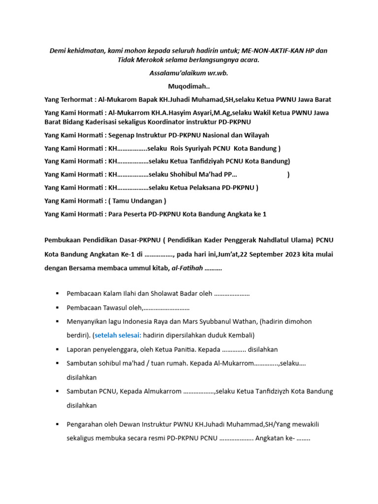 Susunan Acara Pembukaan PD PKPNU | PDF