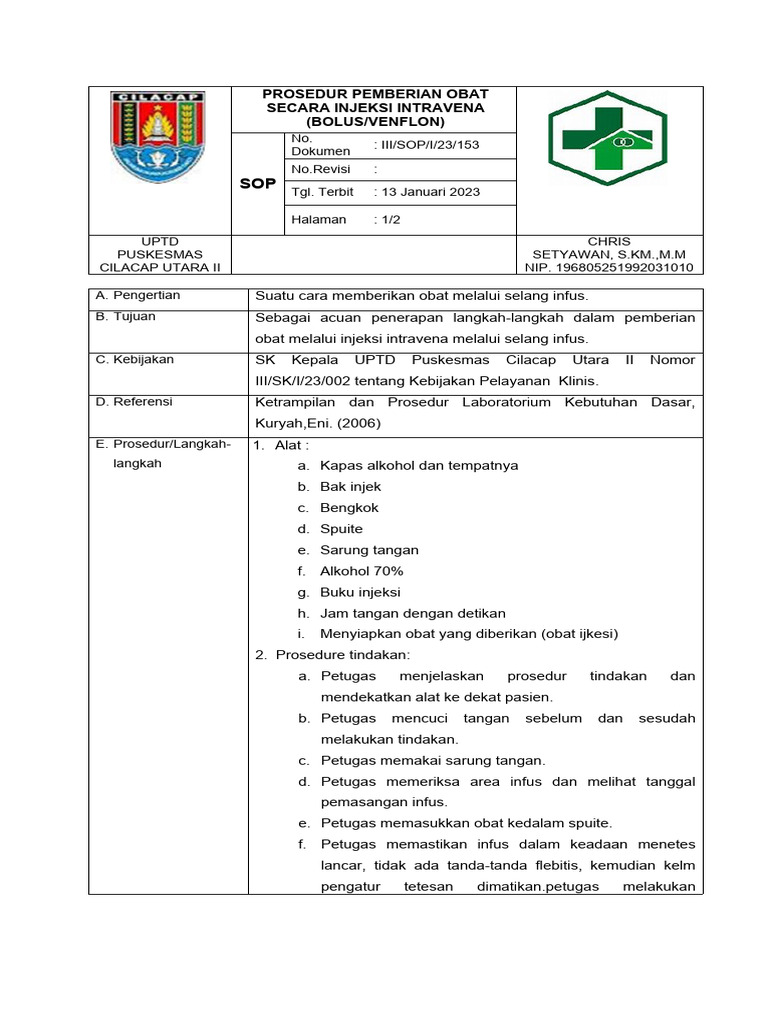 Prosedur Pemberian Obat Secara Injeksi Intravena Bolus | PDF
