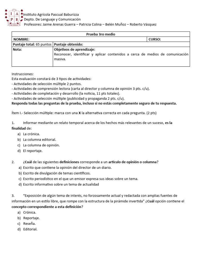 Prueba 3ro Tema 2 | PDF | Medios de comunicación en masa | Televisión