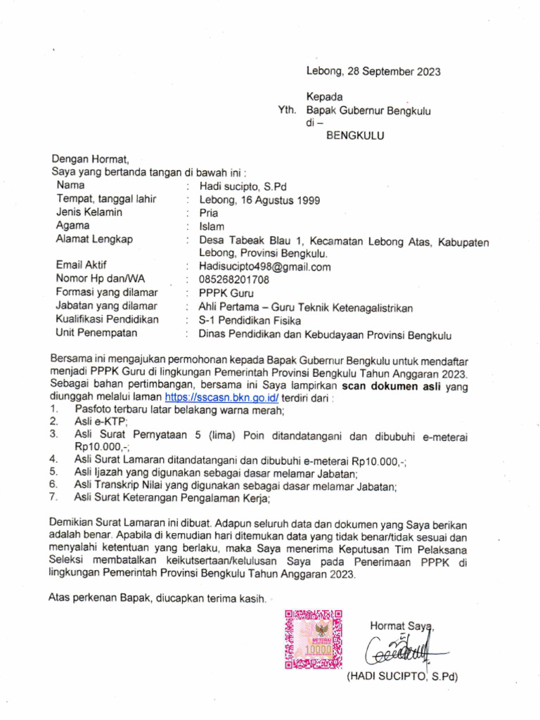 Surat Lamaran PPPK 2023 | PDF