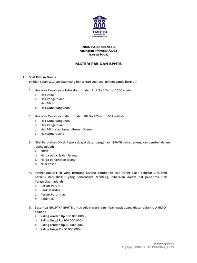 Soal Ujian PBB BPHTB PM 08 2023 | PDF | Pengelolaan Keuangan & Uang