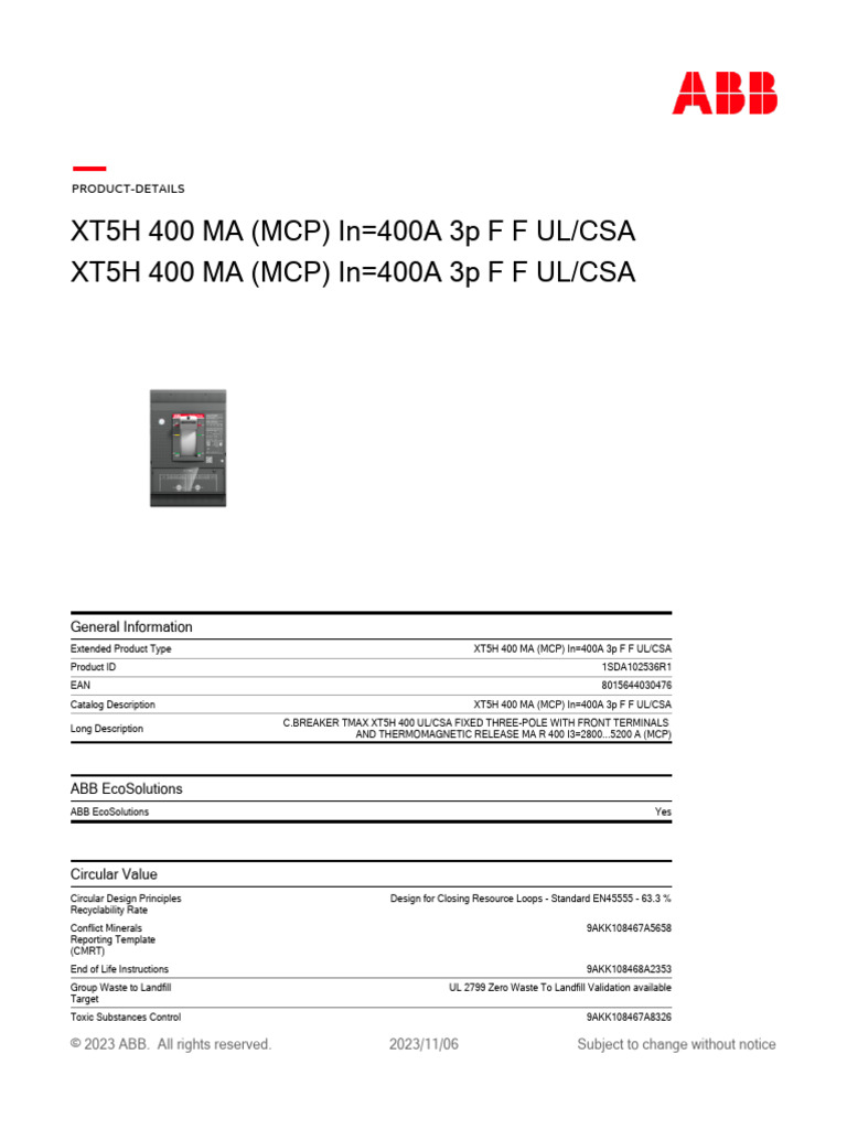 1SDA102536R1 xt5h 400 Ma MCP in 400a 3p F F Ul Csa | PDF | Electronics | Electrical Engineering
