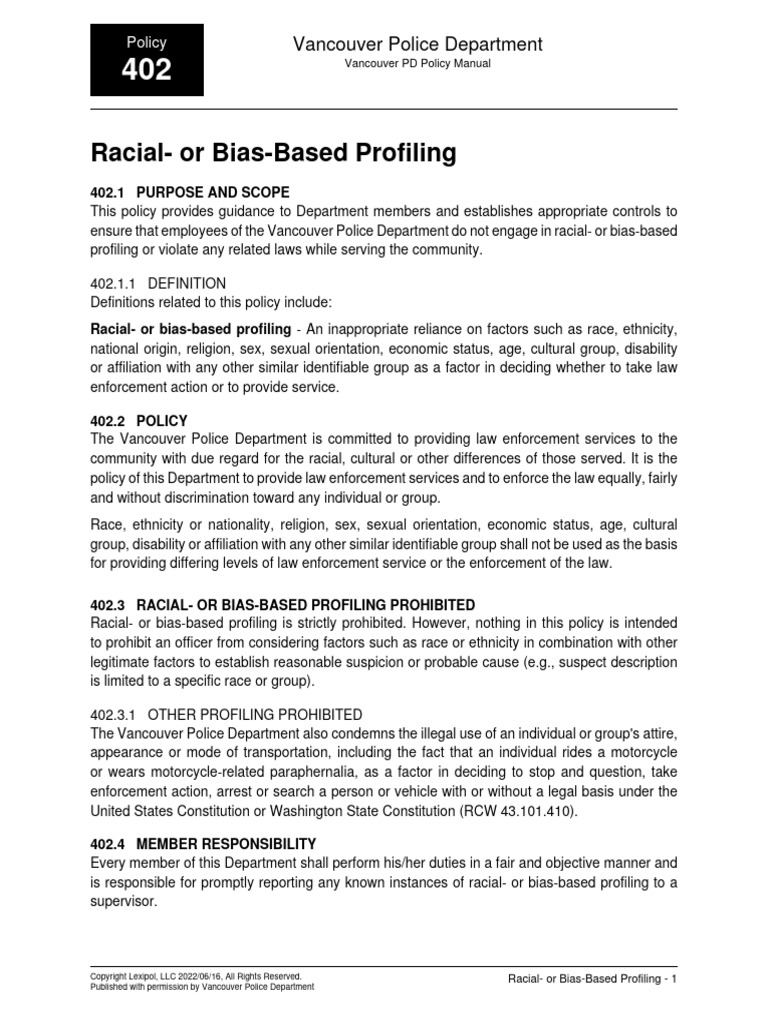 Policy 402 Racial or Bias Based Profiling | PDF | Racial Profiling ...
