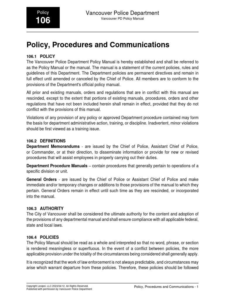 Policy 106 VPD Policy Manual | PDF | Police | Justice