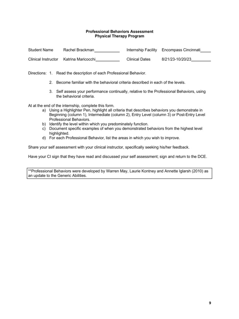 apta professional behaviors plan | PDF | Communication | Psychotherapy