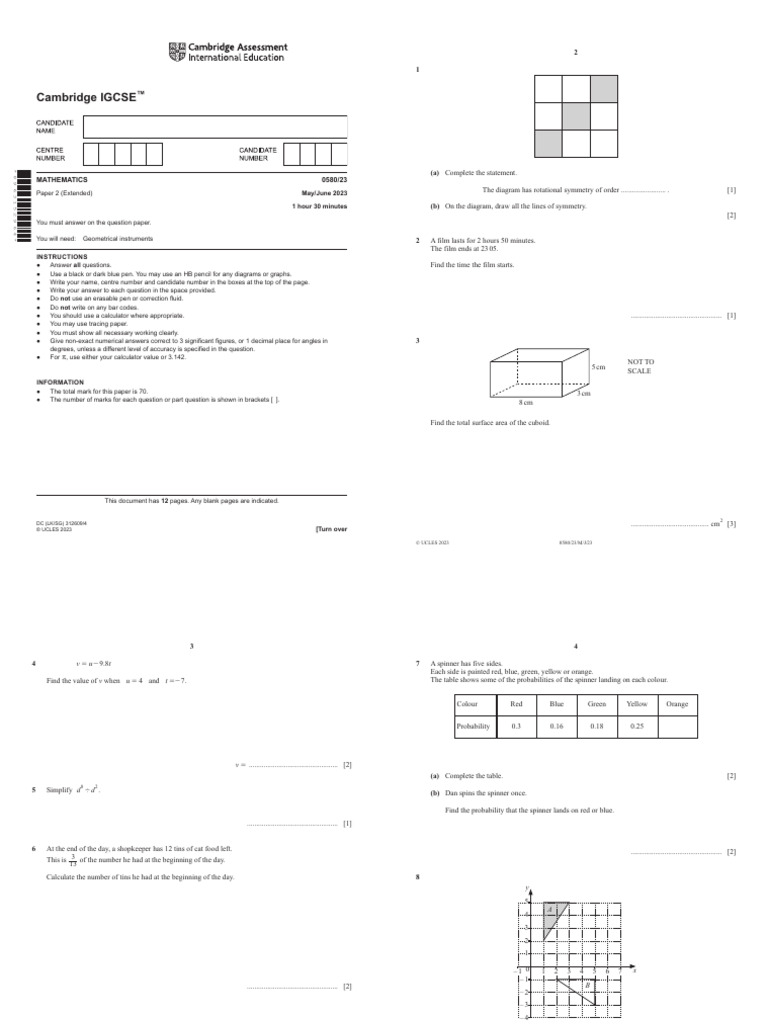 IGCSE Mathematics 0580 - 23 Paper 2 May-June 2023 | PDF | Numbers ...