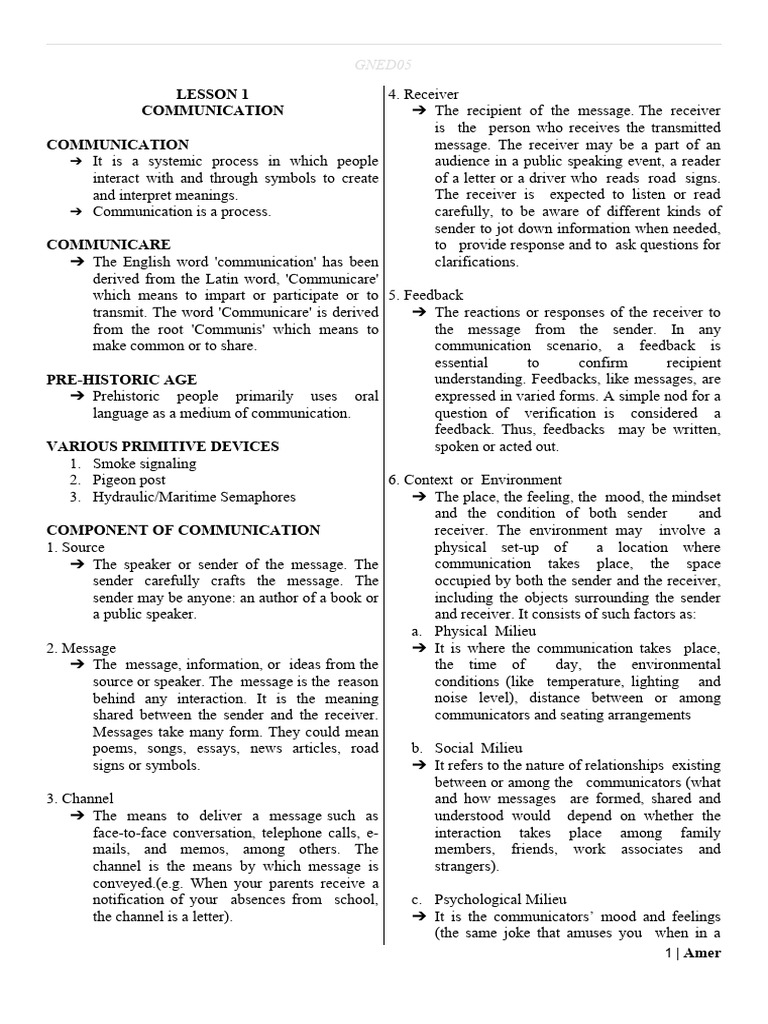 Lesson 1 Communication Communication: GNED05 | PDF | Communication | Human Communication