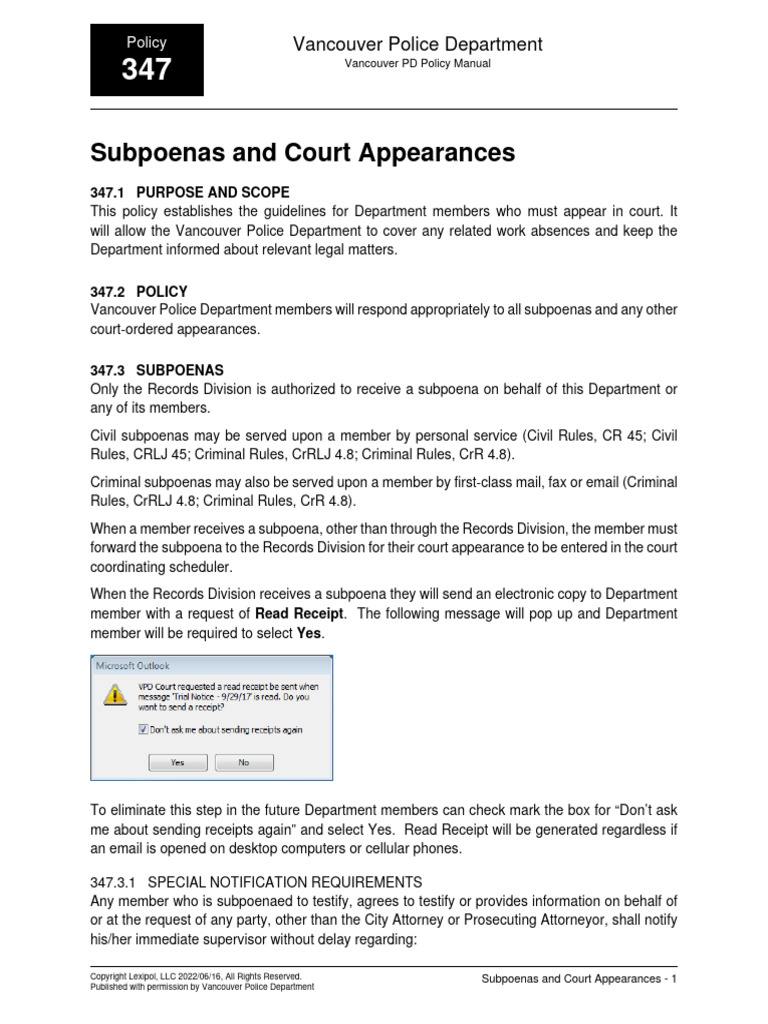 Policy - 347 - VPD - Policy - Manual B | PDF | Subpoena | Prosecutor