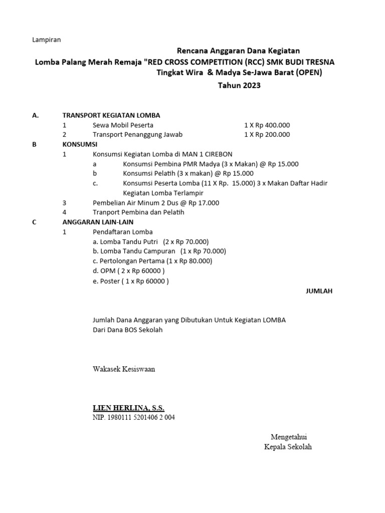 Anggaran Lomba Palang Merah 2023 | PDF