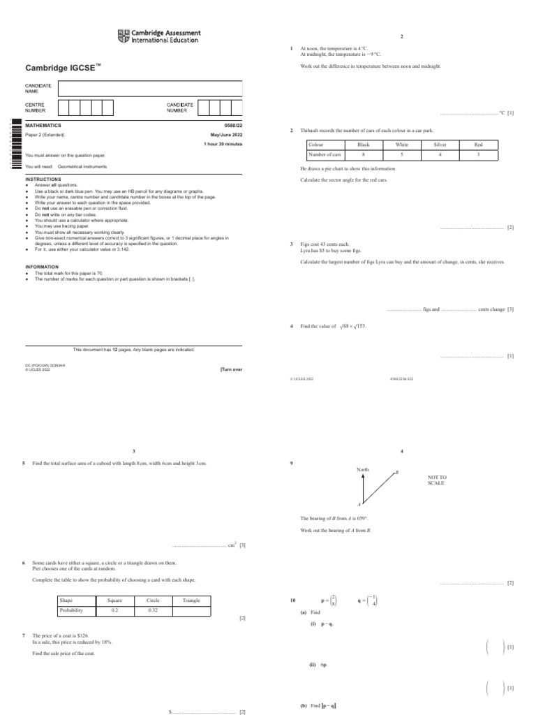 0580 - 22 Mathematics Paper 2 May-June 2022 | PDF | Mathematics