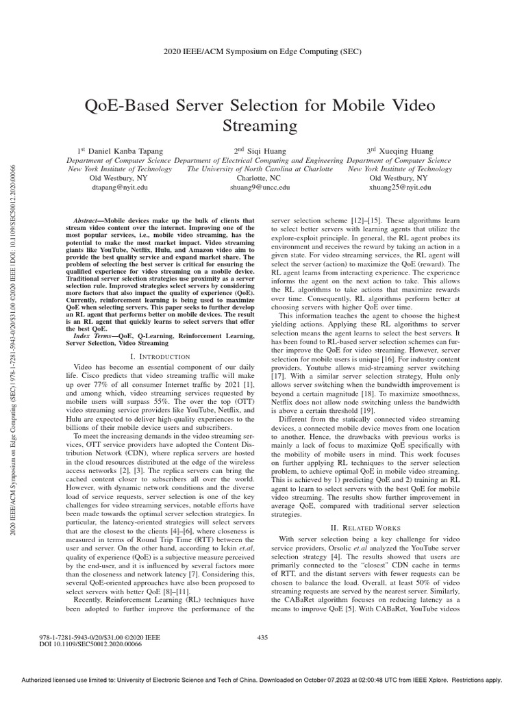 QoE-Based Server Selection For Mobile Video Streaming | PDF | Streaming Media | Computer Network