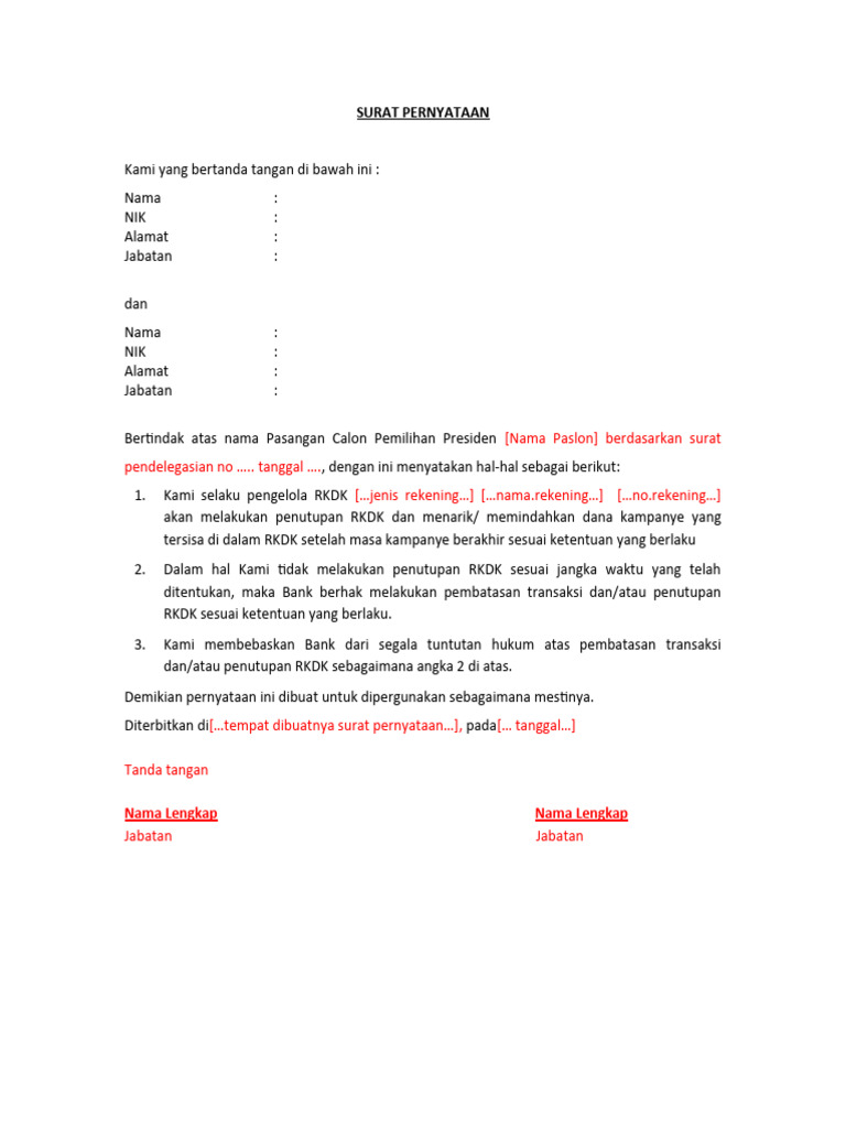 Template Surat Pernyataan RKDK Pilpres | PDF